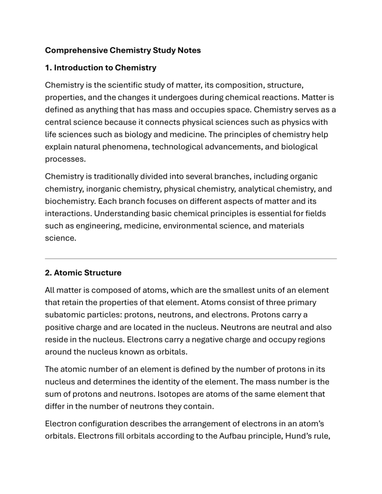 Comprehensive Chemistry Study Notes: Intro to Atoms, Bonds, Reactions