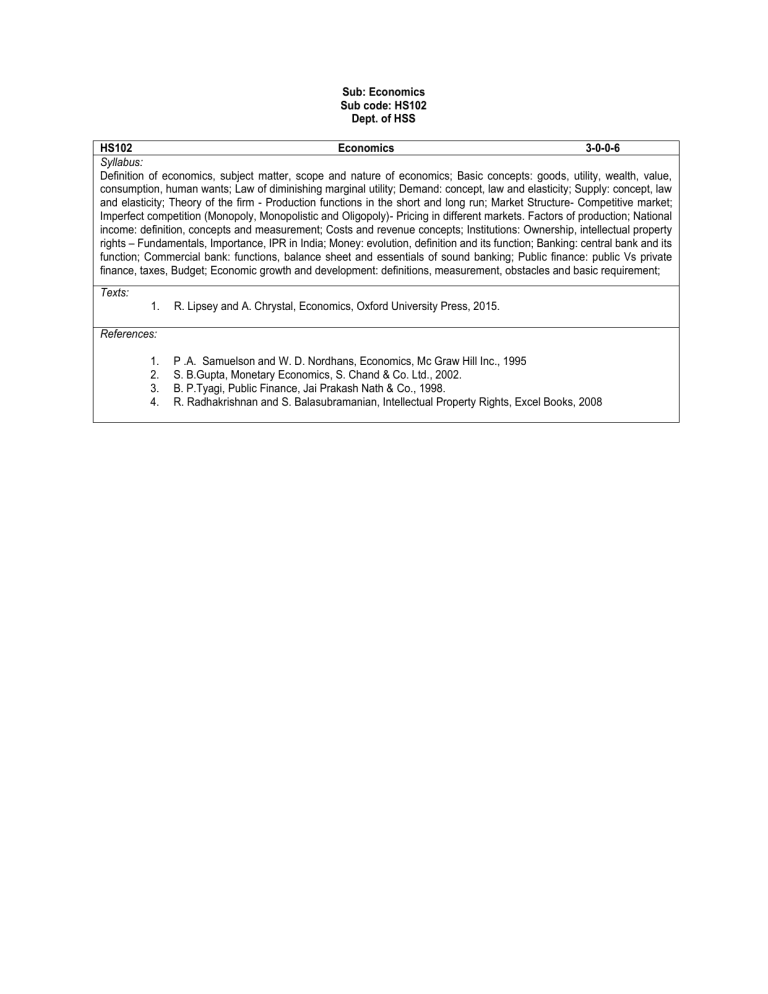 HS102 Economics Syllabus - Course Outline