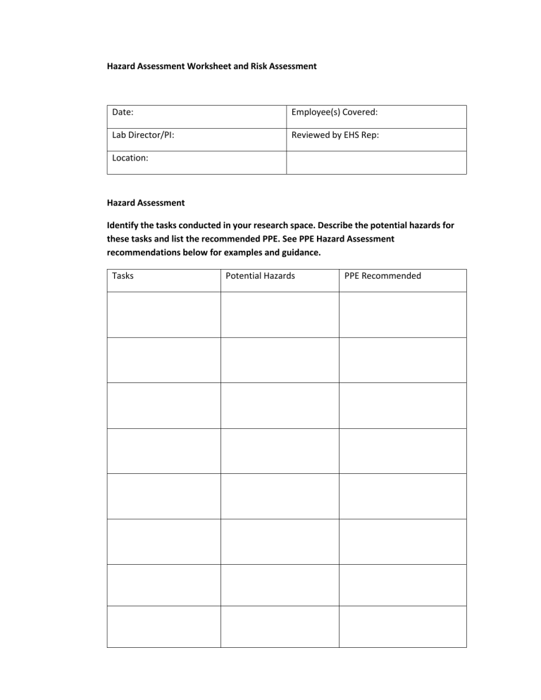 Hazard Assessment Worksheet & Risk Assessment for Labs