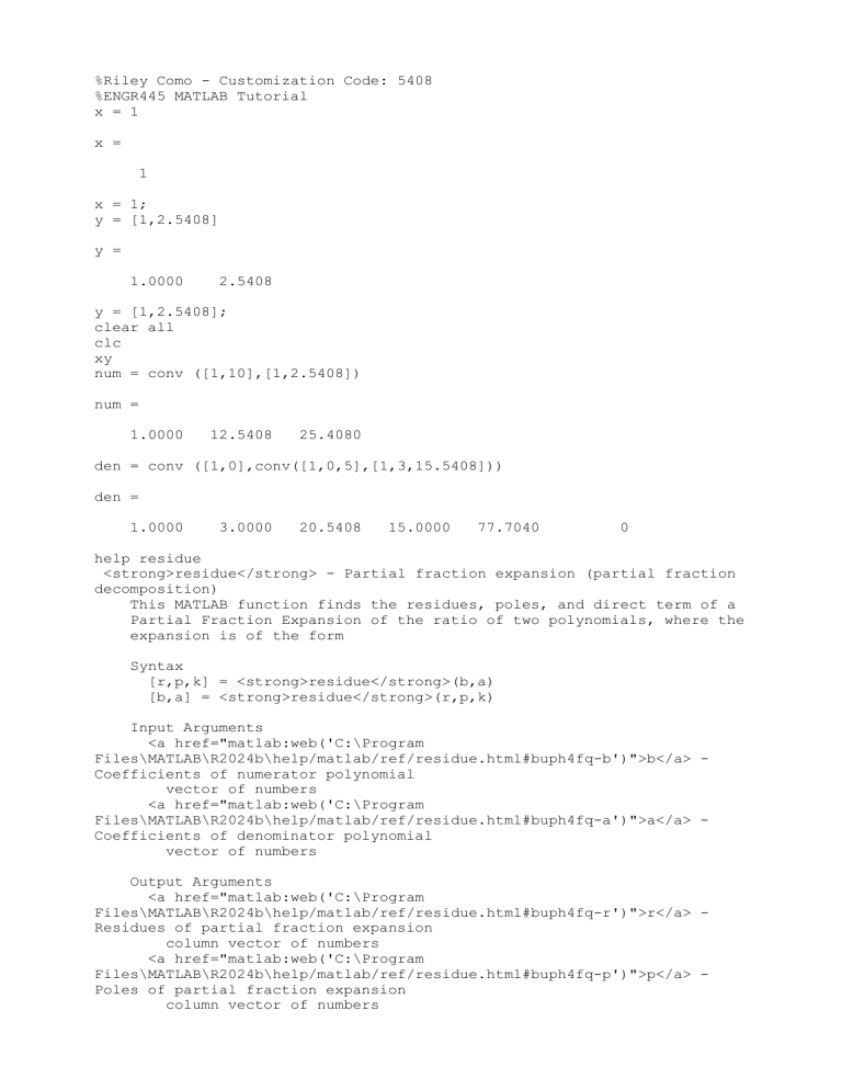 ENGR445 MATLAB Tutorial - Control Systems Analysis