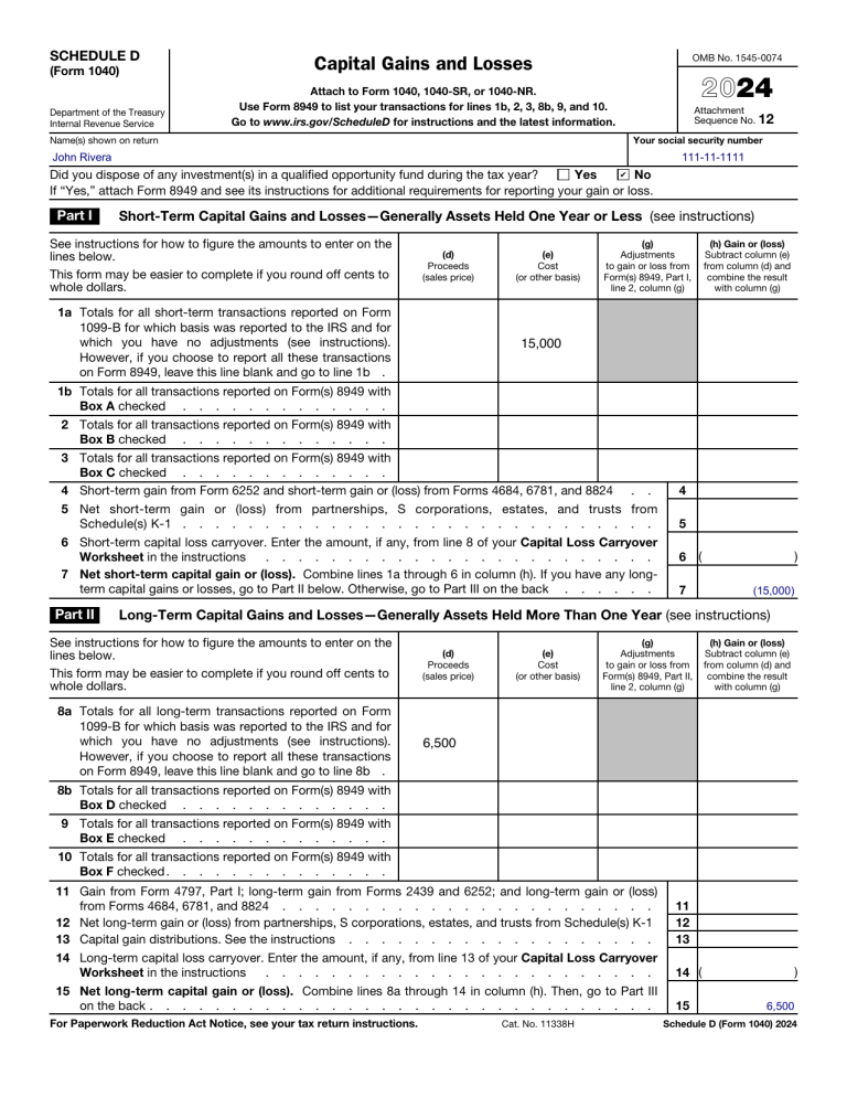 2024 IRS Schedule D Form 1040 - Capital Gains and Losses