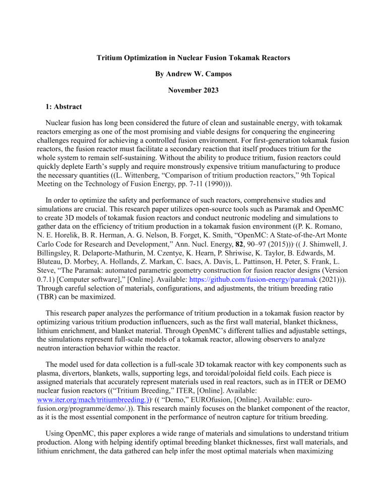 Tritium Optimization in Nuclear Fusion Tokamak Reactors