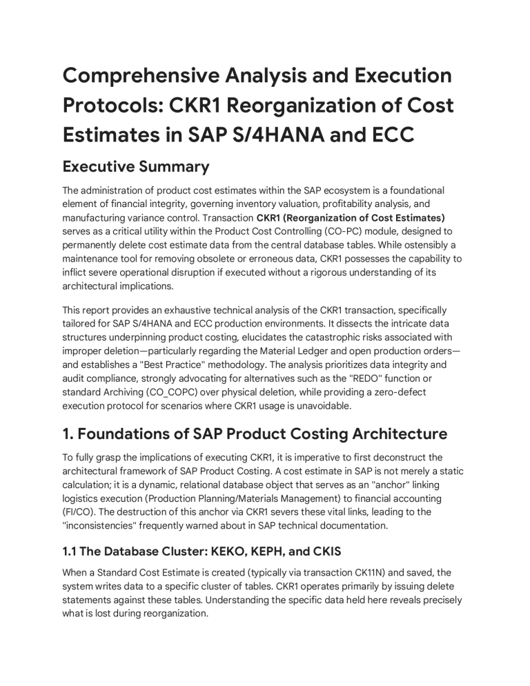 CKR1 Reorganization of Cost Estimates in SAP S/4HANA and ECC