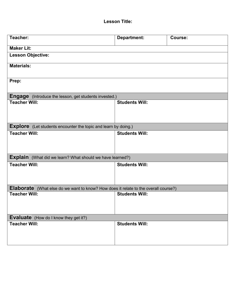 Maker Lit Lesson Plan Template 5E Model