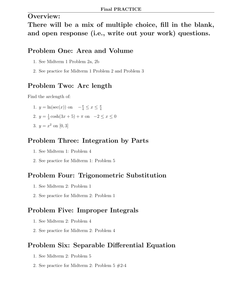 Calculus Final Practice Exam with Problems