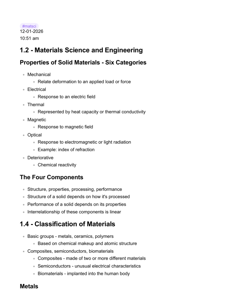 Materials Science & Engineering: Properties & Classification