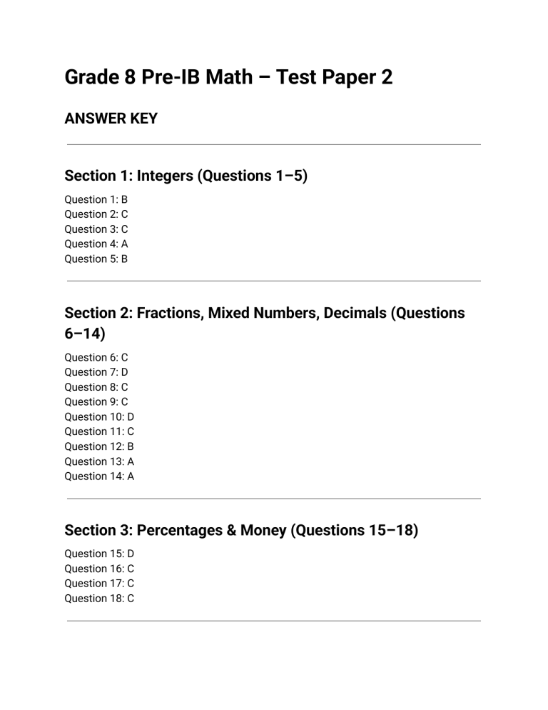 Grade 8 Pre-IB Math Test Paper 2 Answer Key