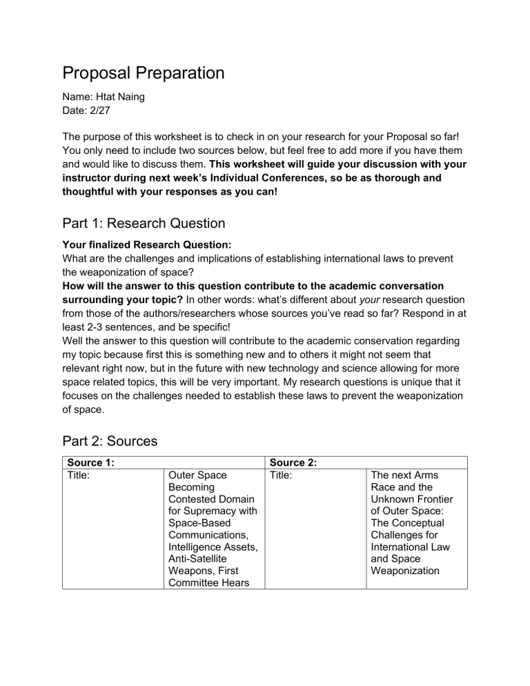 Research Proposal Worksheet: Space Weaponization Laws