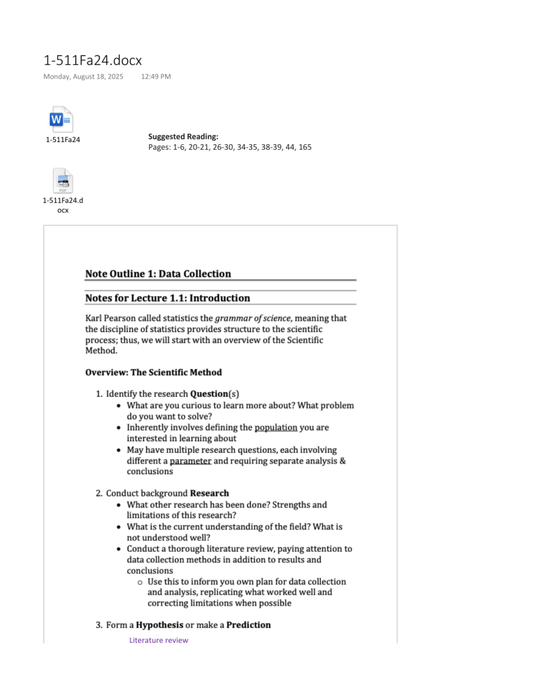 Note Outline 1: Data Collection & Scientific Method