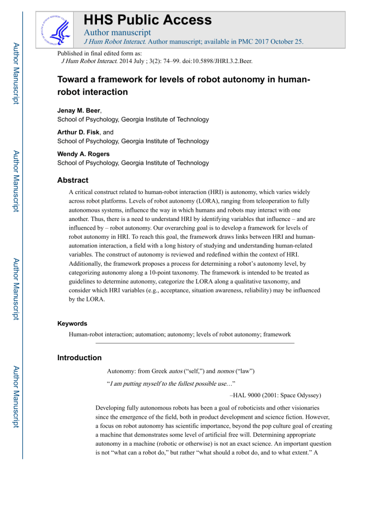 Framework for Robot Autonomy Levels in HRI