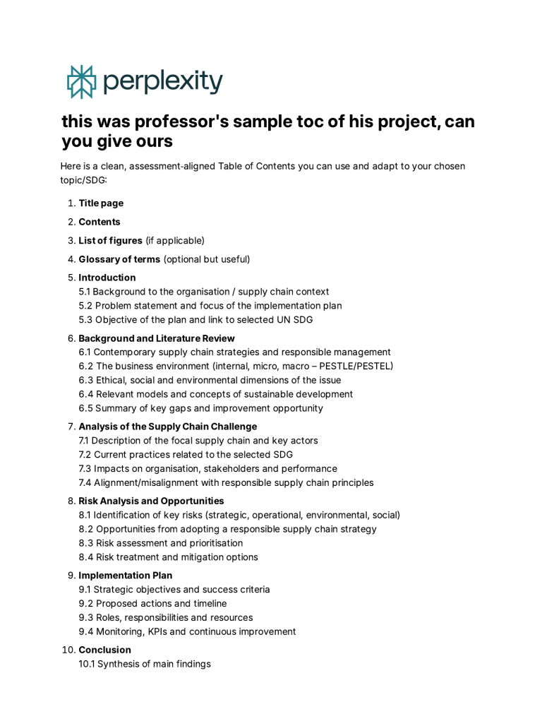 Academic Project Table of Contents: Supply Chain & SDGs