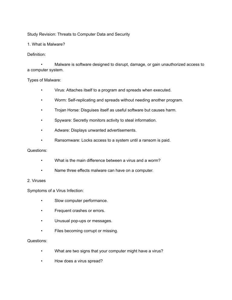Study Revision: Computer Data & Security Threats