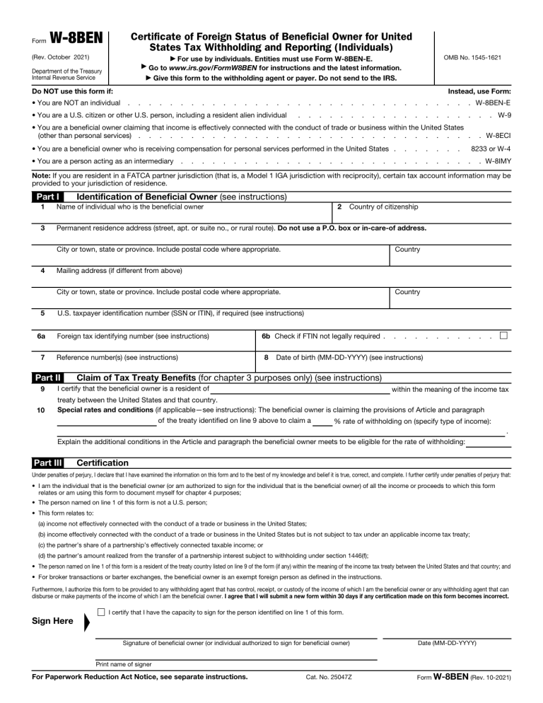 Form W-8BEN: Foreign Status Certificate for US Tax Withholding