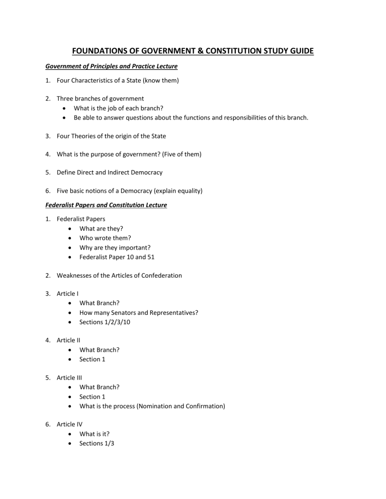 Foundations of Government & Constitution Study Guide