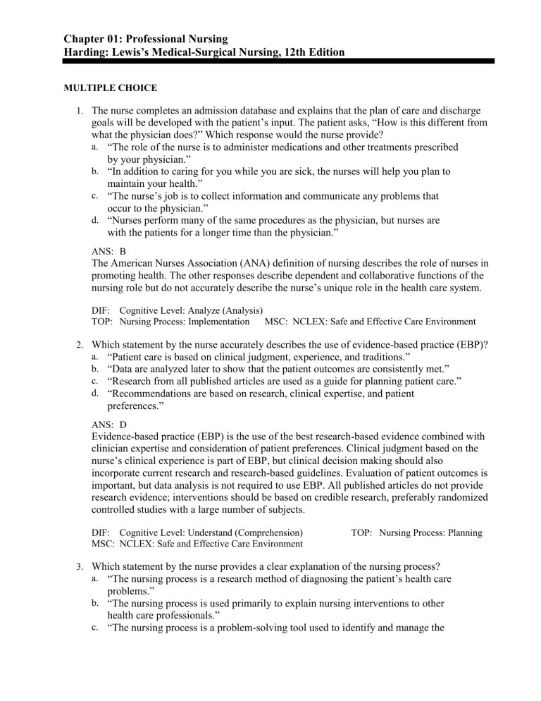 Chapter 1: Professional Nursing - Multiple Choice Questions