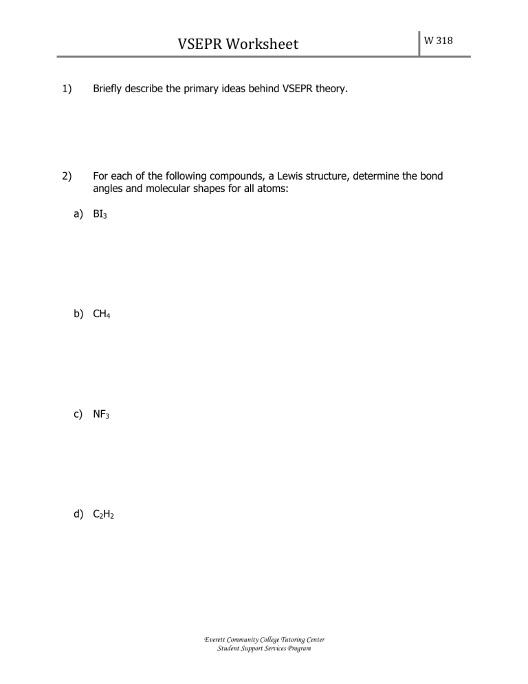 VSEPR Theory Worksheet: Molecular Shapes & Bond Angles