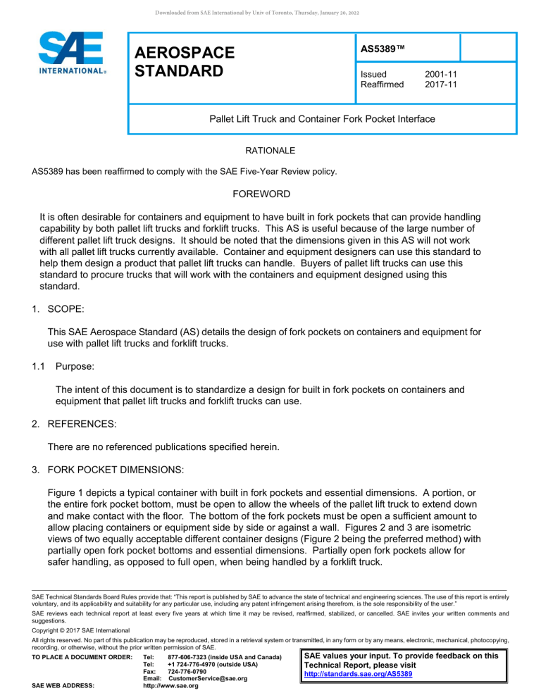 SAE AS5389 Pallet Lift Truck Fork Pocket Interface Standard