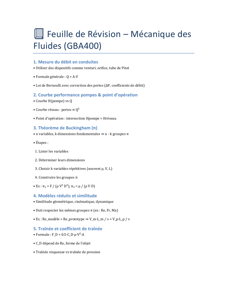 Feuille de Révision Mécanique des Fluides GBA400