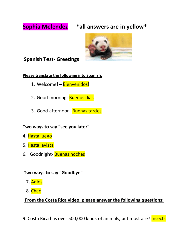 Spanish Test: Greetings & Costa Rica Facts