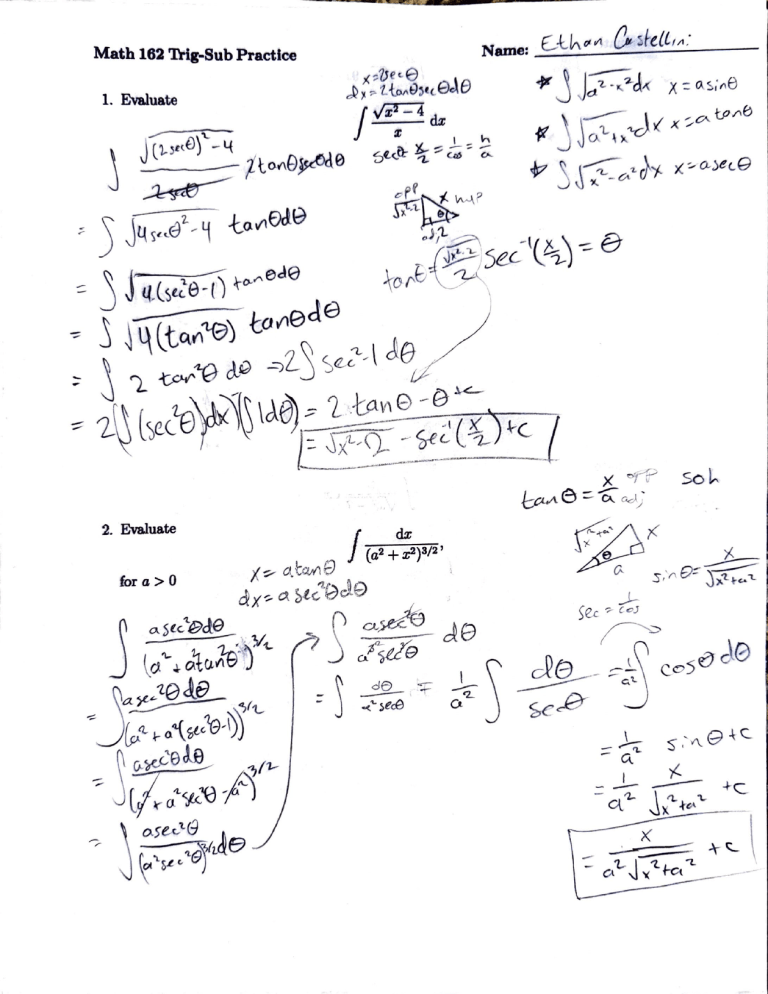 Math 162 Trig-Sub Practice Worksheet