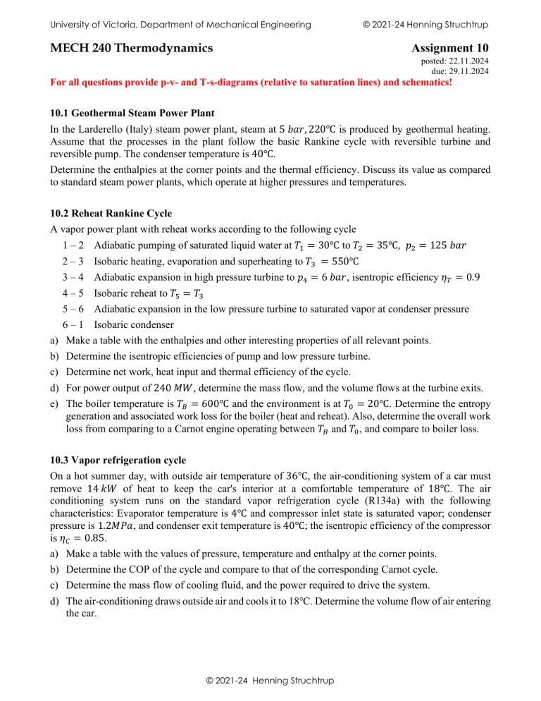 Thermodynamics Assignment: Rankine & Refrigeration Cycles