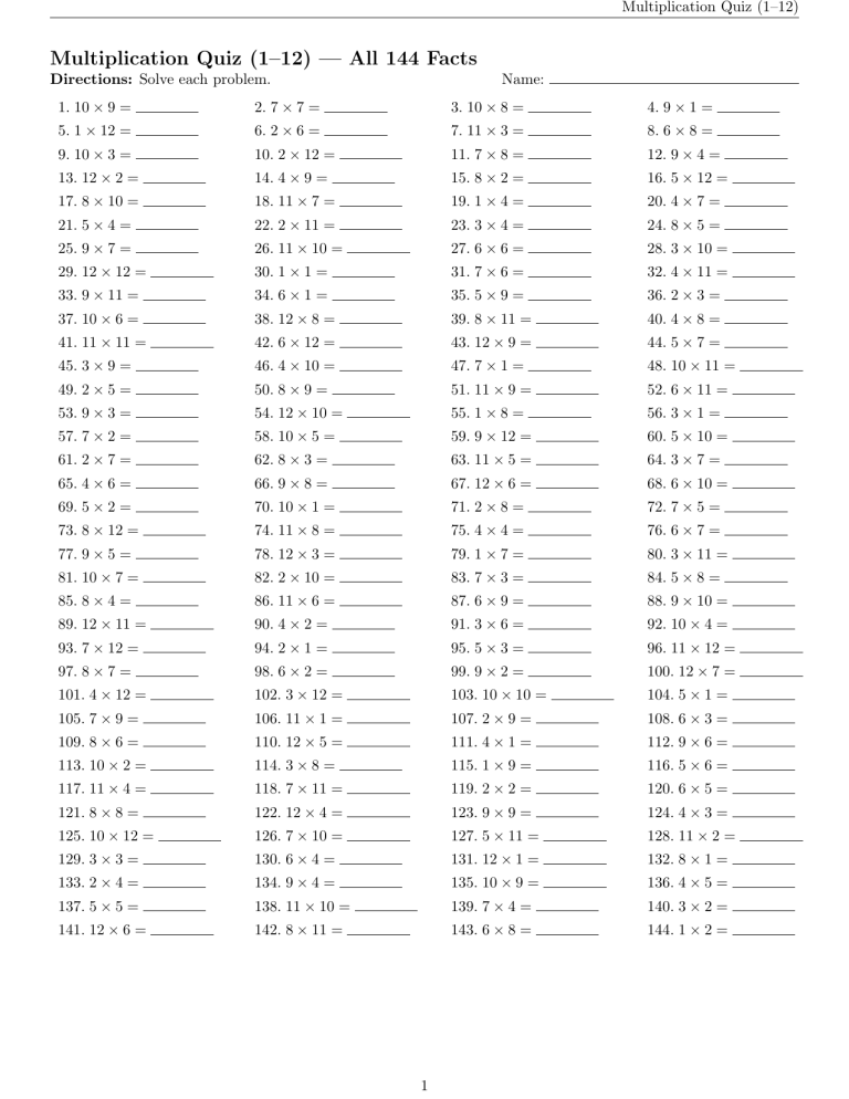 Multiplication Quiz (1-12) - All 144 Facts