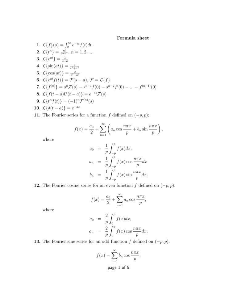 Mathematical Formula Sheet: Laplace Transforms & Fourier Series