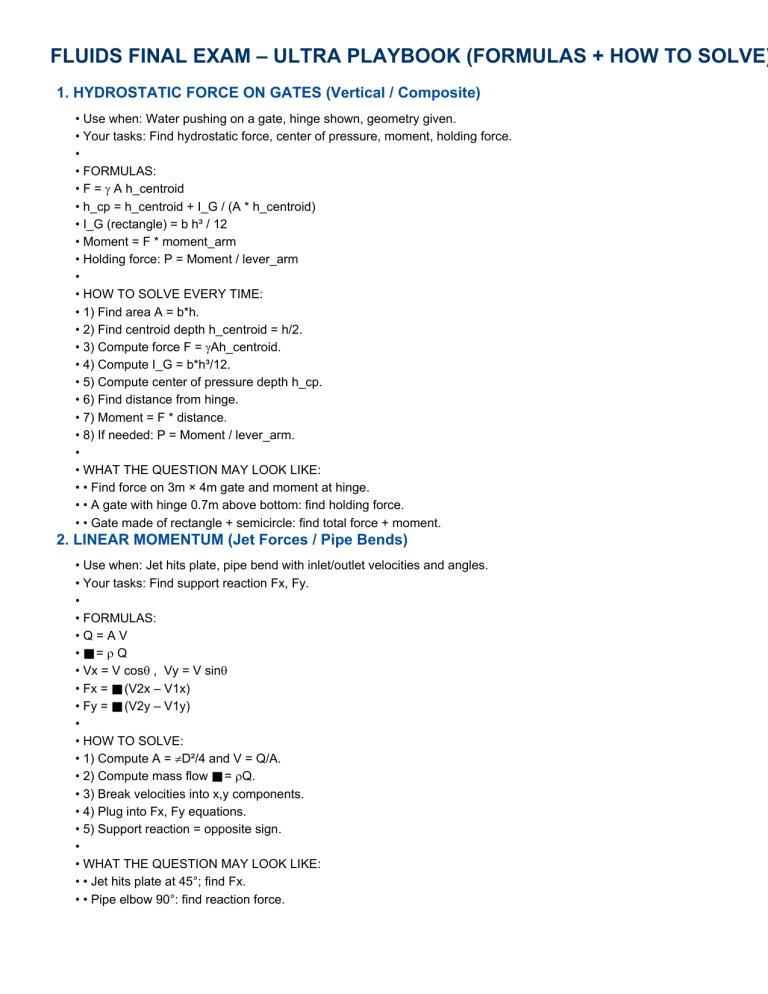 Fluids Final Exam Playbook: Formulas & How to Solve