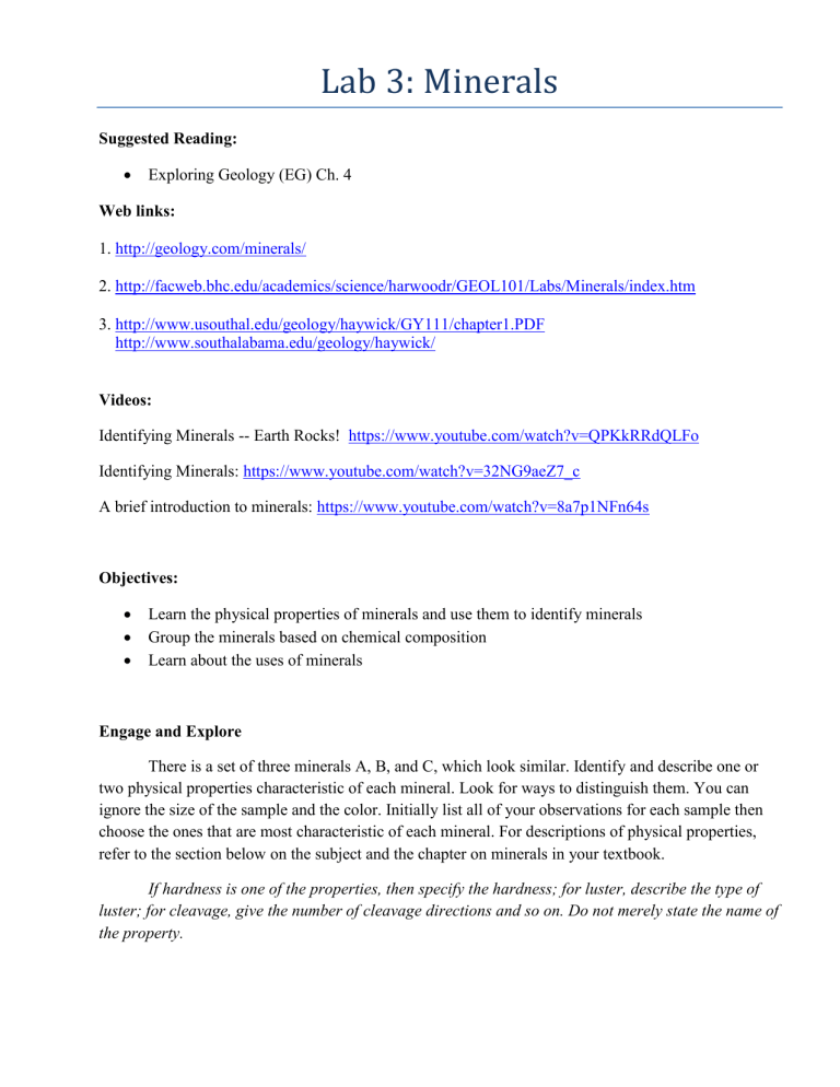 Lab 3: Minerals - Geology Lab Manual