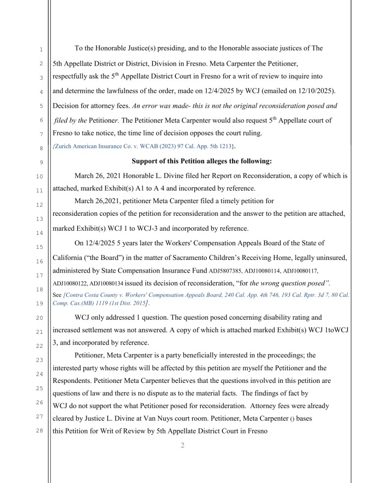 Petition for Writ of Review: Workers' Compensation Case