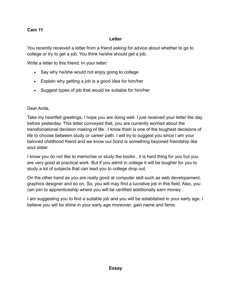 Cam 11 Sample Letter & Essay Answers
