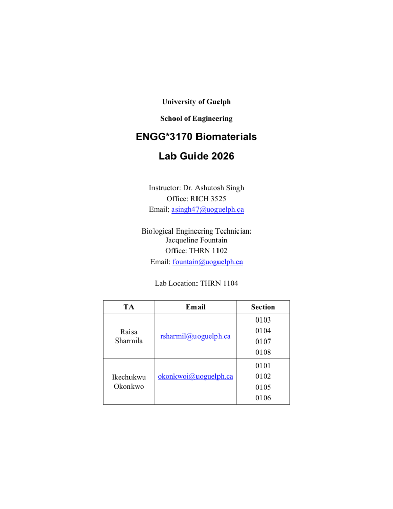 University of Guelph ENGG*3170 Biomaterials Lab Guide 2026