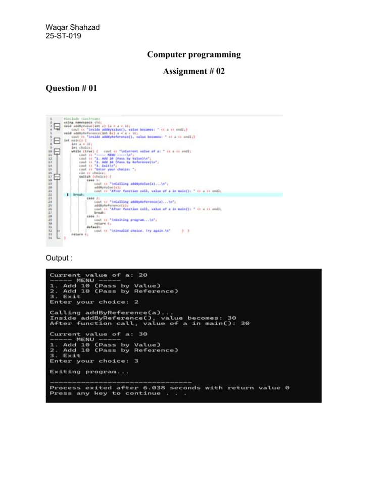 Computer Programming Assignment 02: Pass by Value/Reference