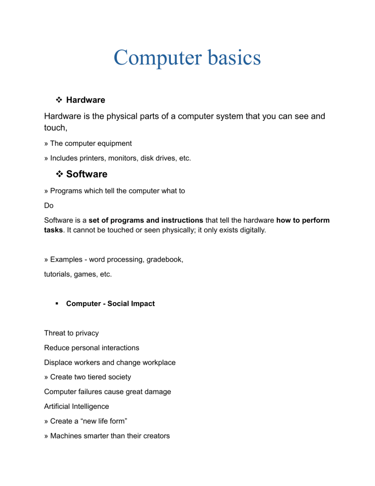 Computer Basics: Hardware, Software, and Types of Computers