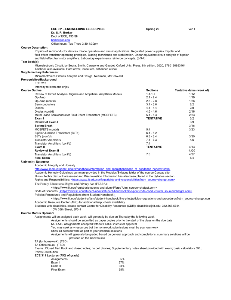 ECE 311 Engineering Electronics Syllabus