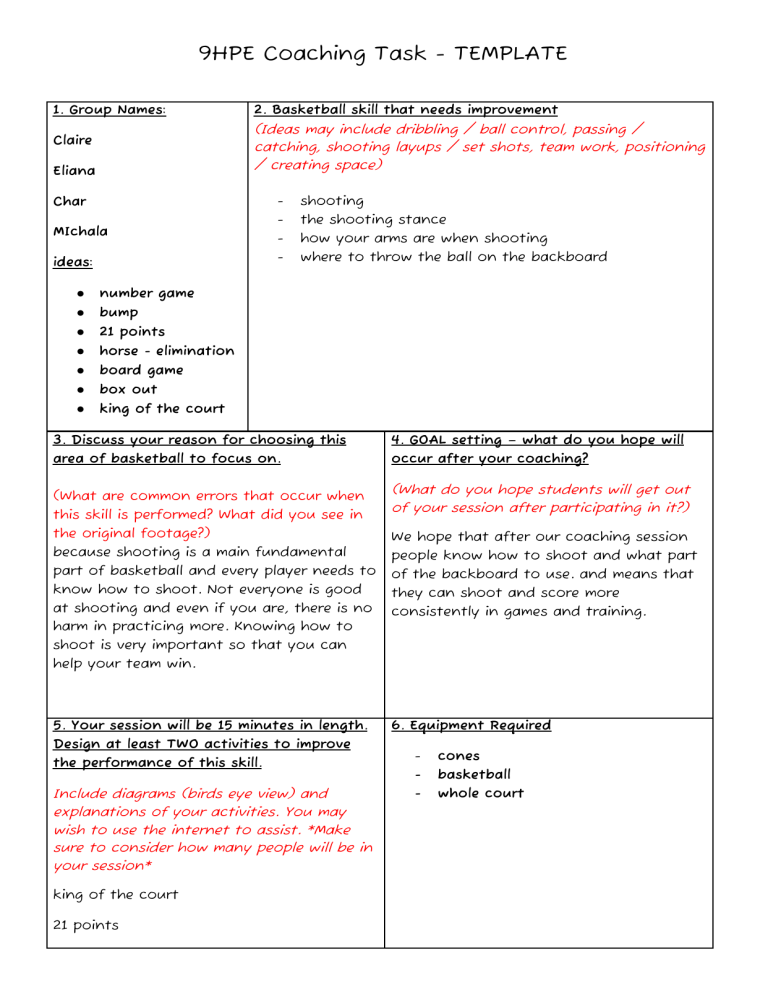 9HPE Basketball Coaching Task Template