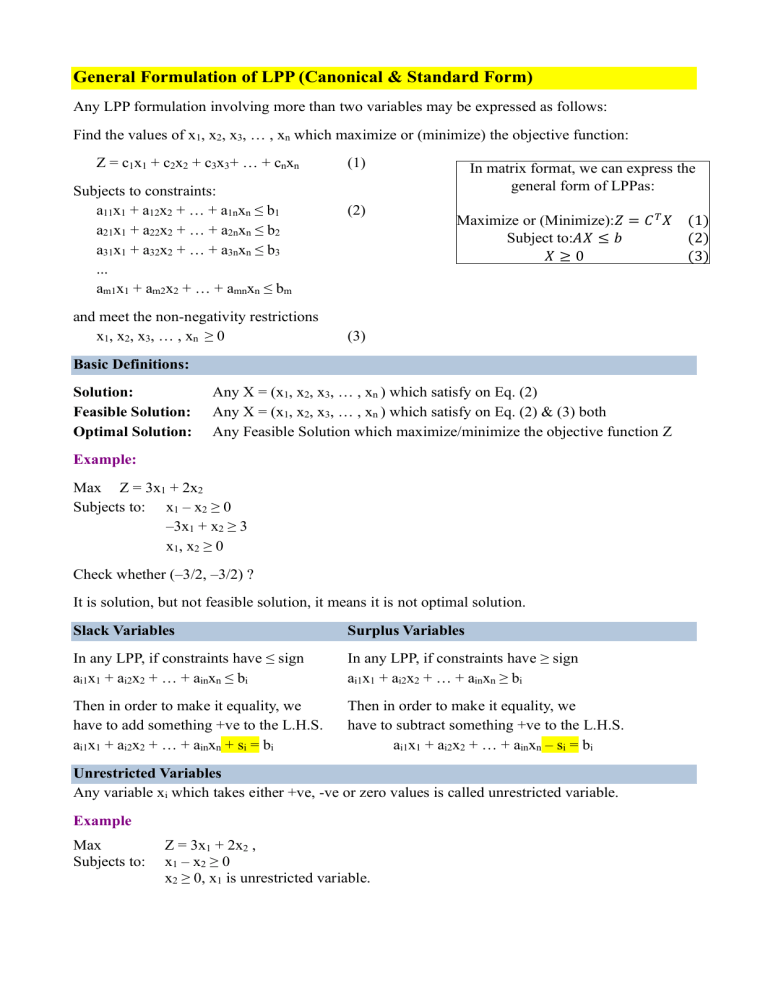 General Formulation of LPP (Canonical & Standard Form)