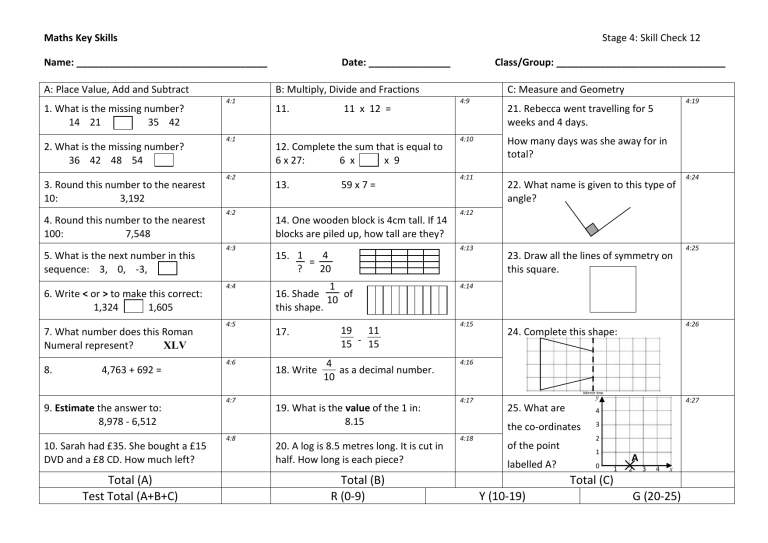 Maths Key Skills Stage 4 Skill Check 12 Worksheet