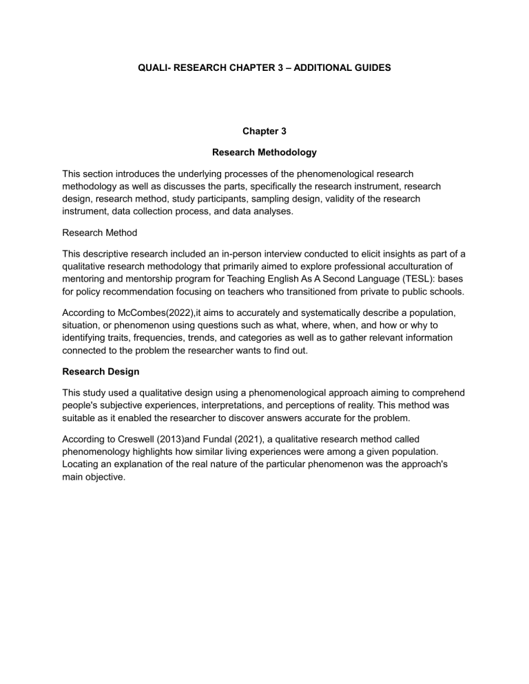 Research Methodology for TESL Teachers: Phenomenological Study