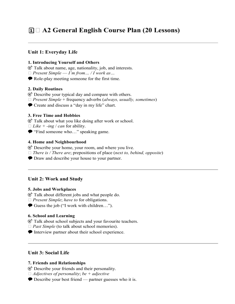A2 General English Course Plan (20 Lessons)