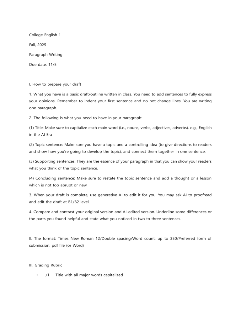 College English 1 Paragraph Writing Assignment