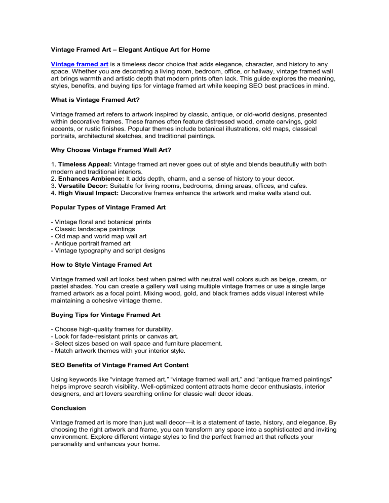 Vintage Framed Art: Elegant Antique Decor Guide