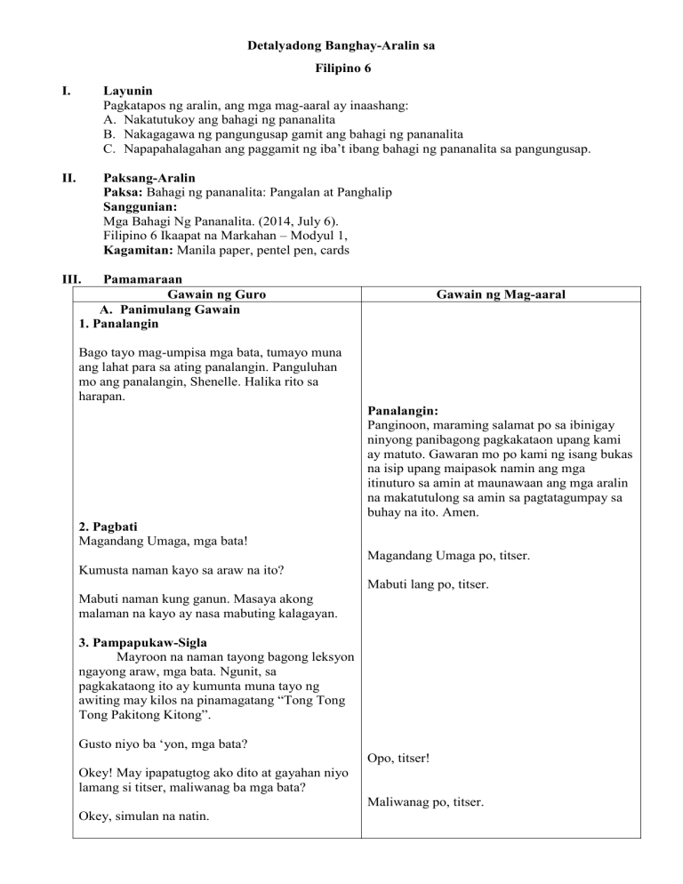 Filipino 6 Lesson Plan: Nouns and Pronouns