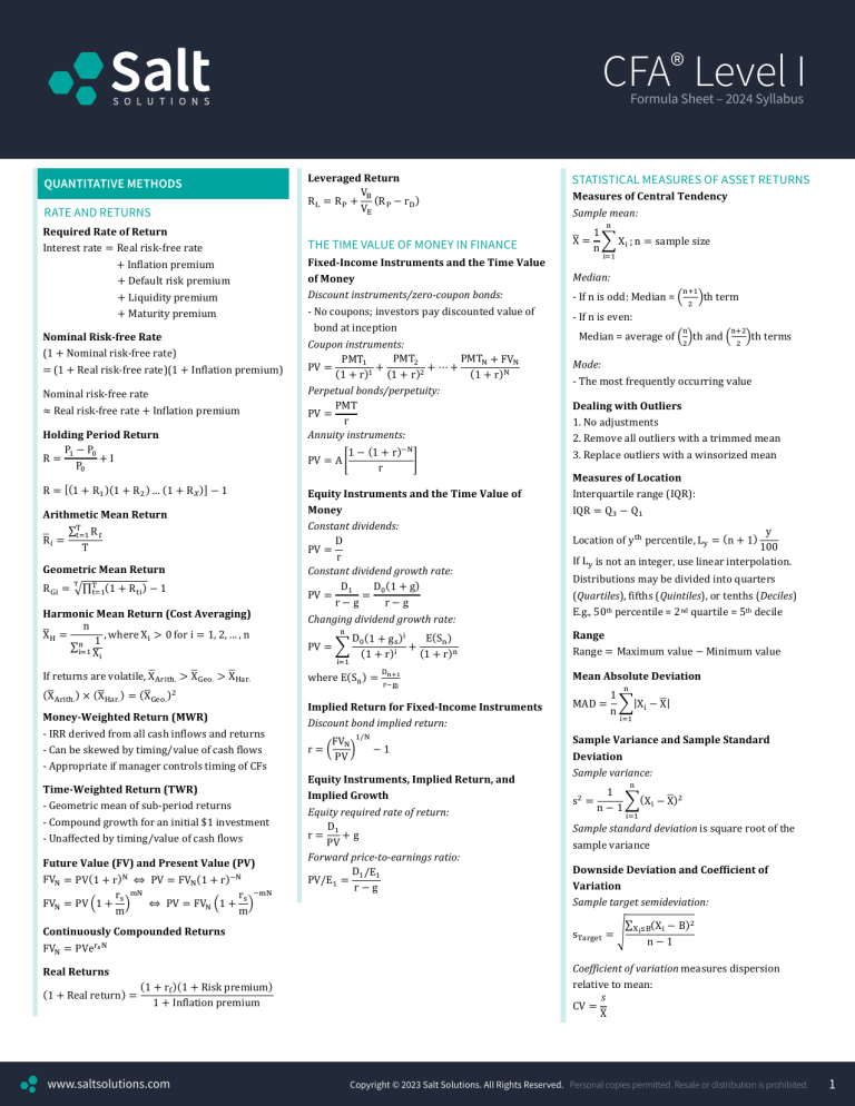 CFA Level I 2024 Formula Sheet Quantitative Methods