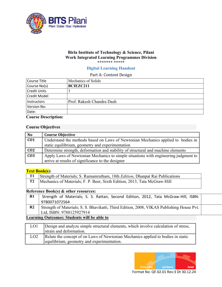 Mechanics of Solids Course Handout - BITS Pilani