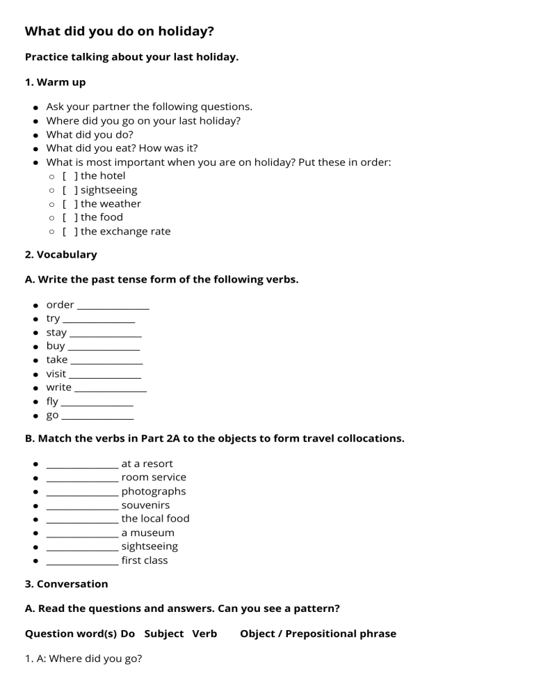 What Did You Do on Holiday? English Practice Worksheet