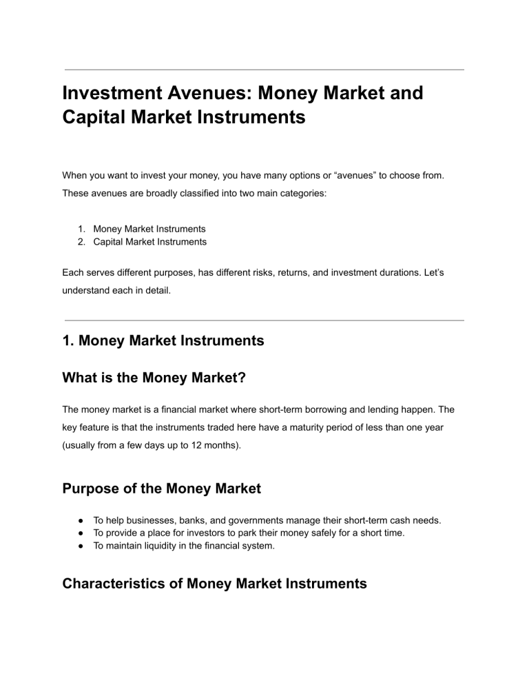 Investment Avenues: Money Market & Capital Market Instruments