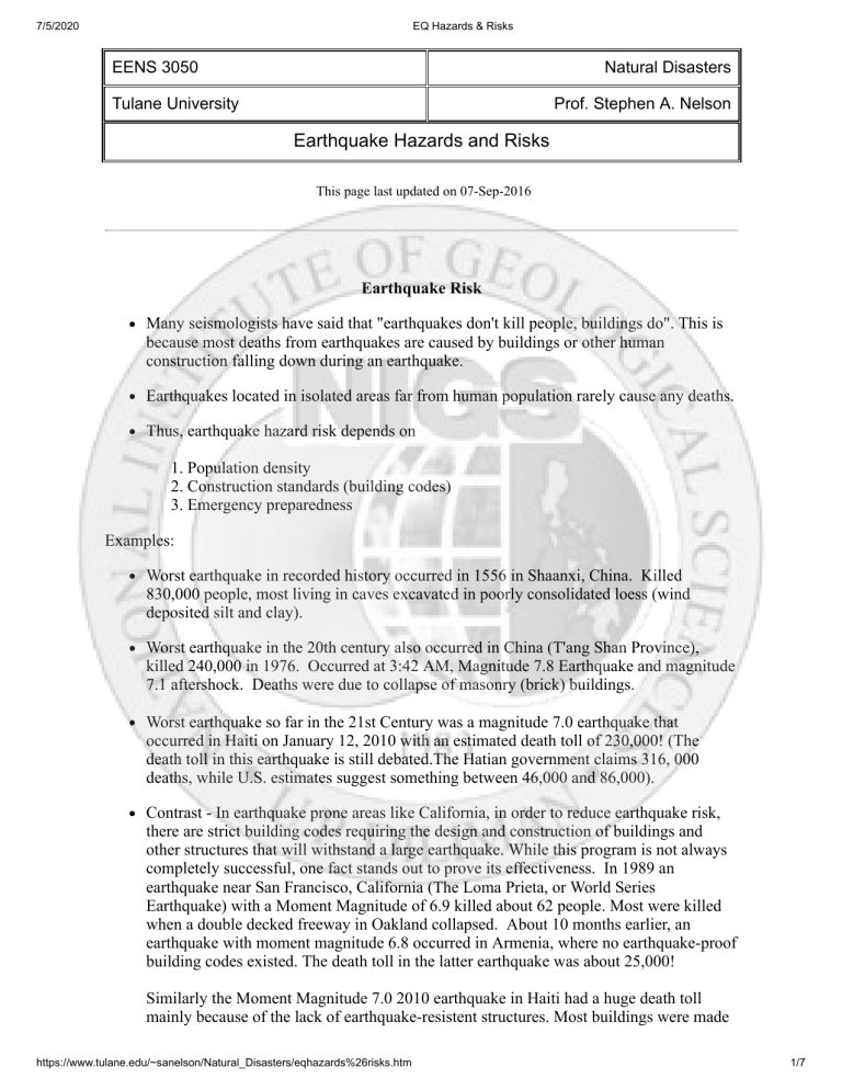 Earthquake Hazards and Risks - Tulane University