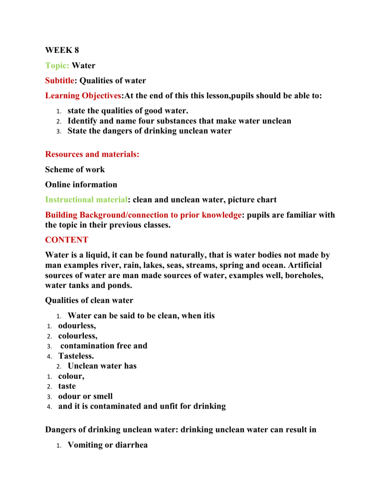 Week 8: Water Qualities Lesson Plan for Pupils