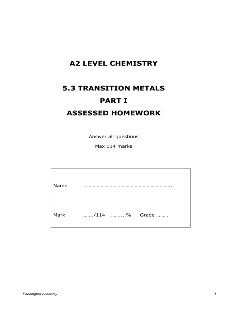 A2 Chemistry Transition Metals Homework